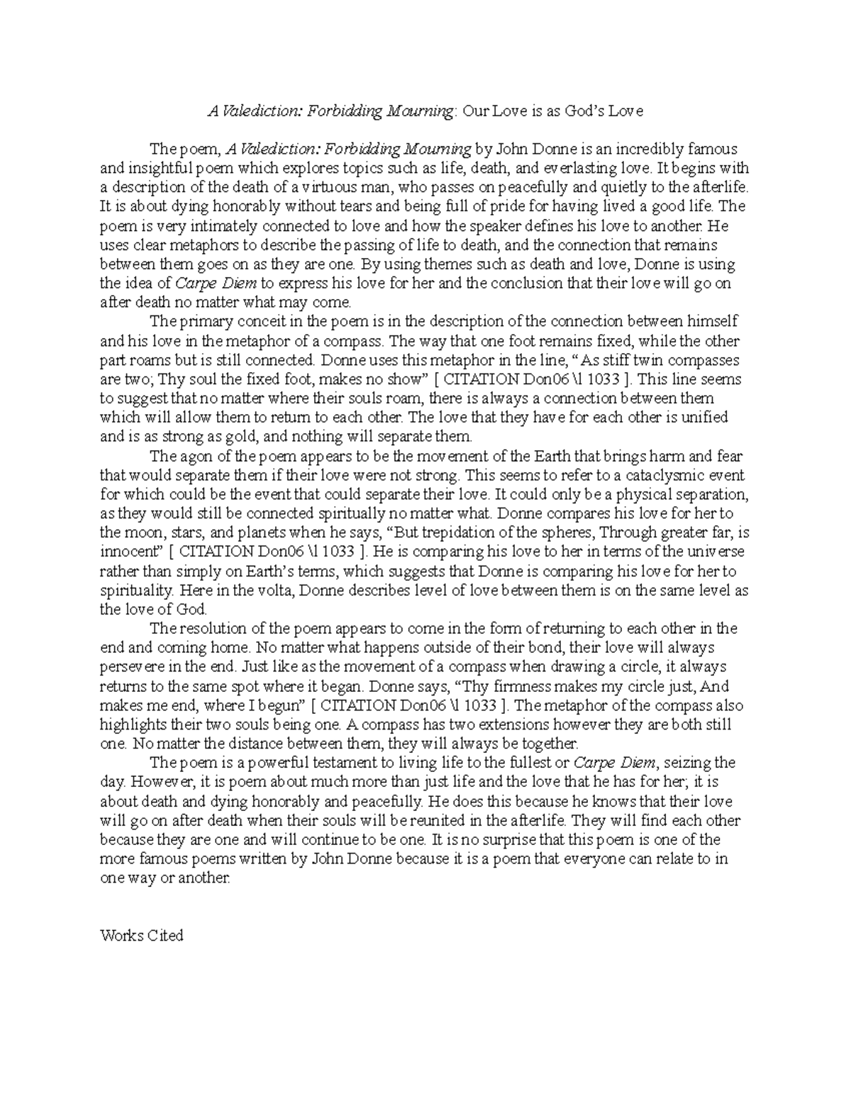 TTU ENGL 3305 A Valediction Forbidding Mourning by John Donne Paper - A ...