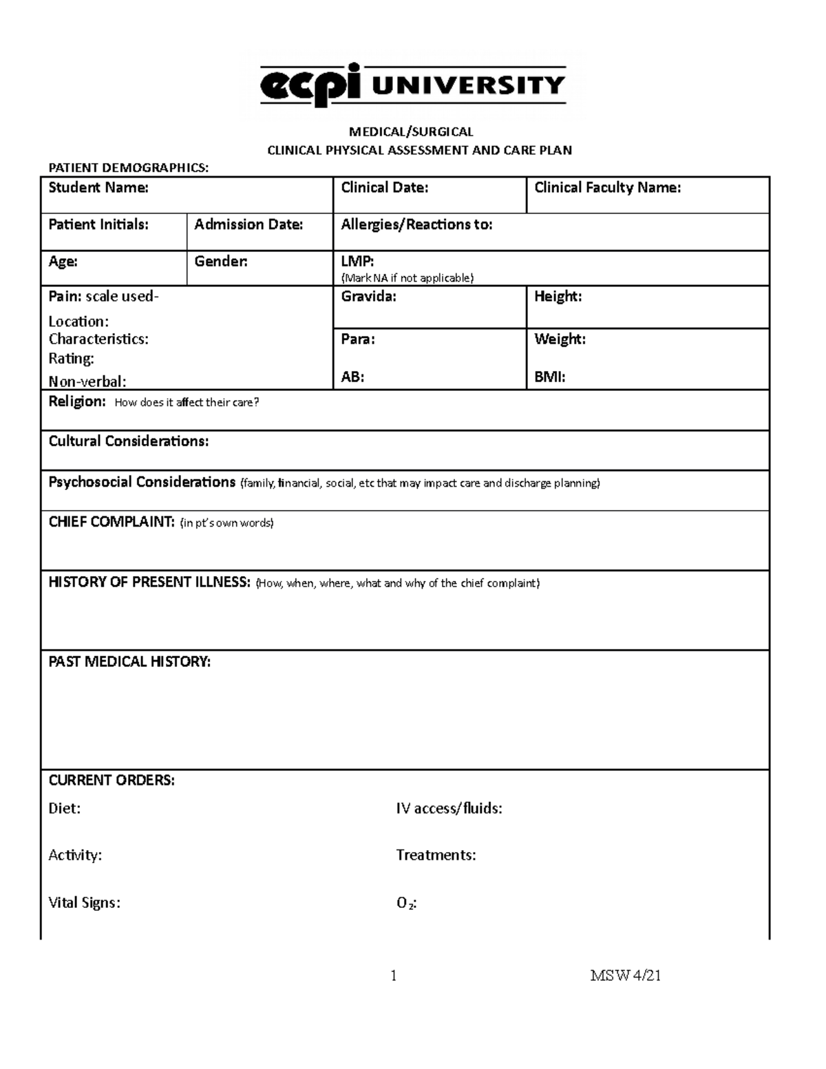 Med Surg Careplan 010622 - MEDICAL/SURGICAL CLINICAL PHYSICAL ...