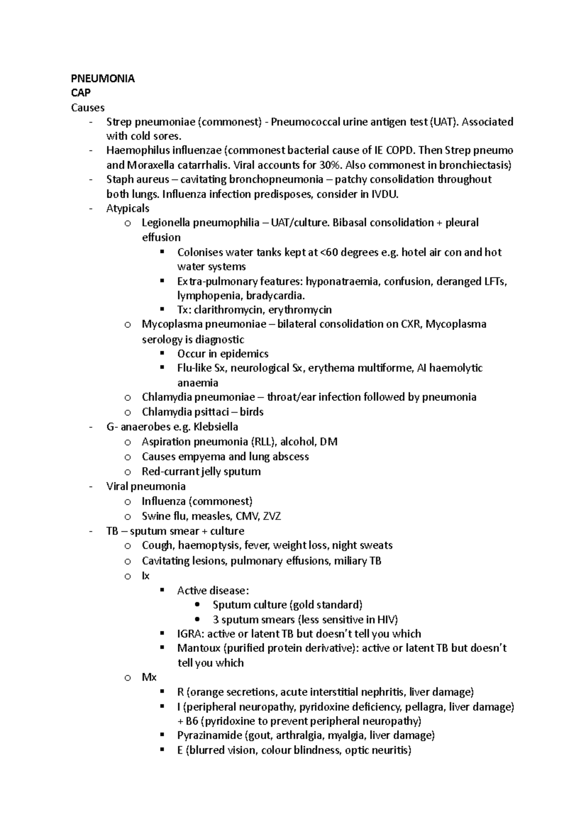 Finals notes on pneumonia - PNEUMONIA CAP Causes - Strep pneumoniae ...