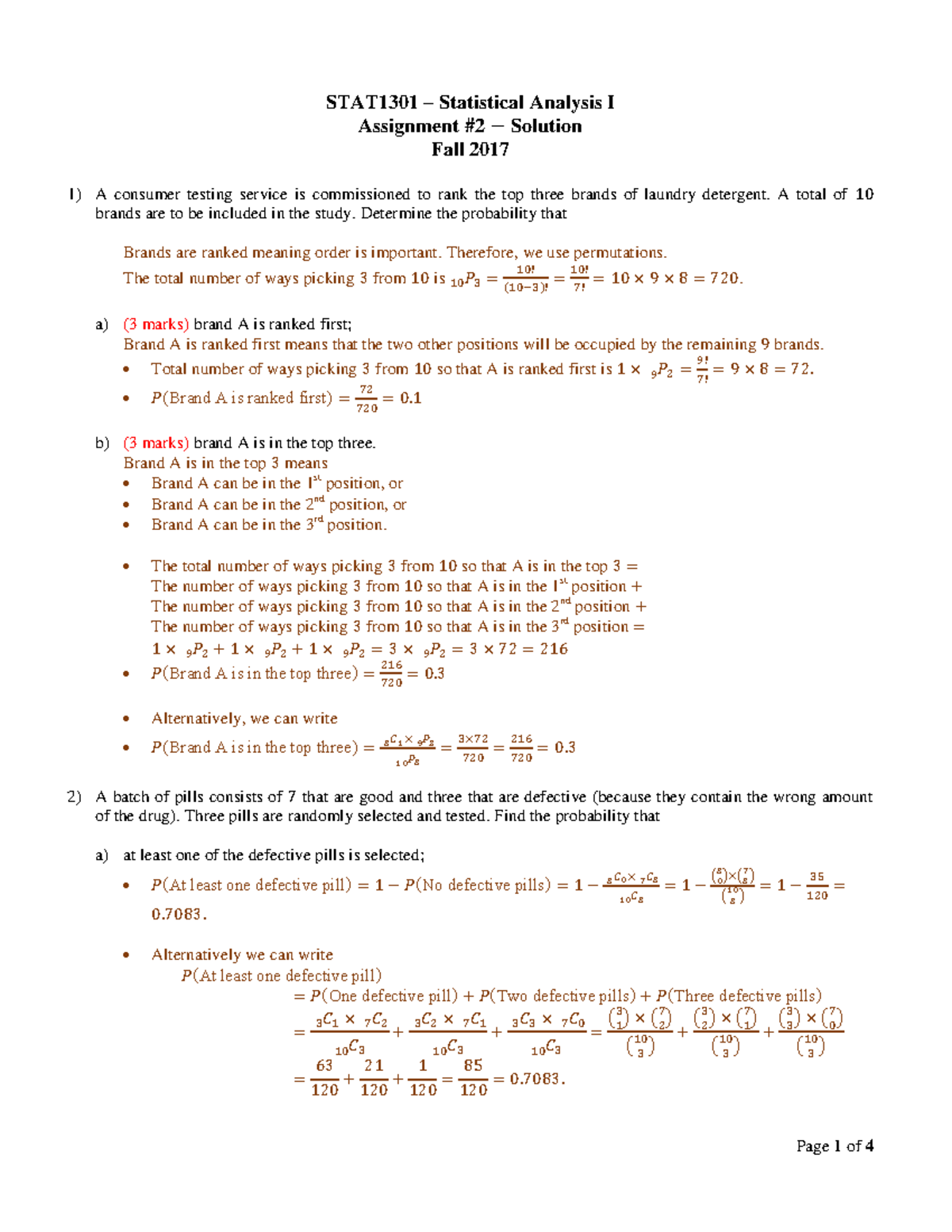 STAT1301 Assignment#2 Solution F17 - STAT1301 – Statistical Analysis I ...
