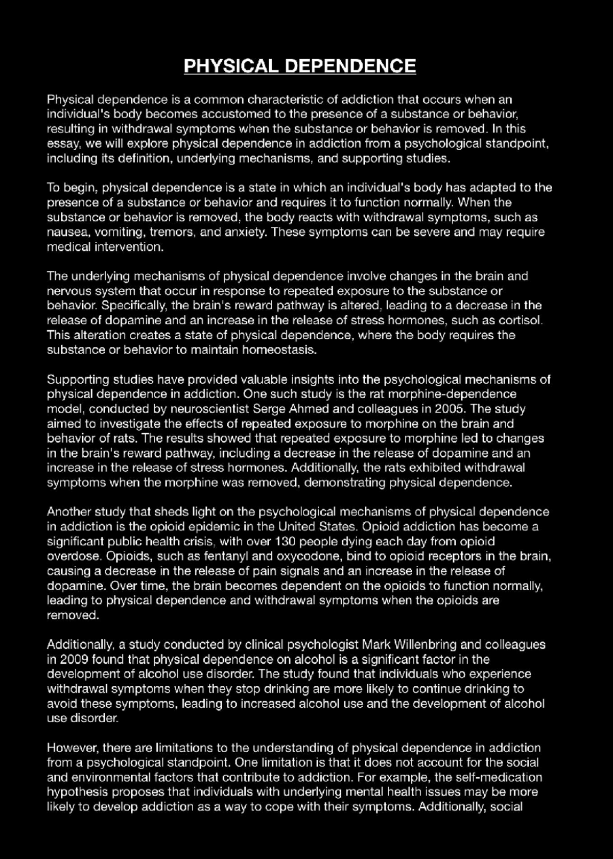 Physical Dependence - An Essay - 18205 - Studocu
