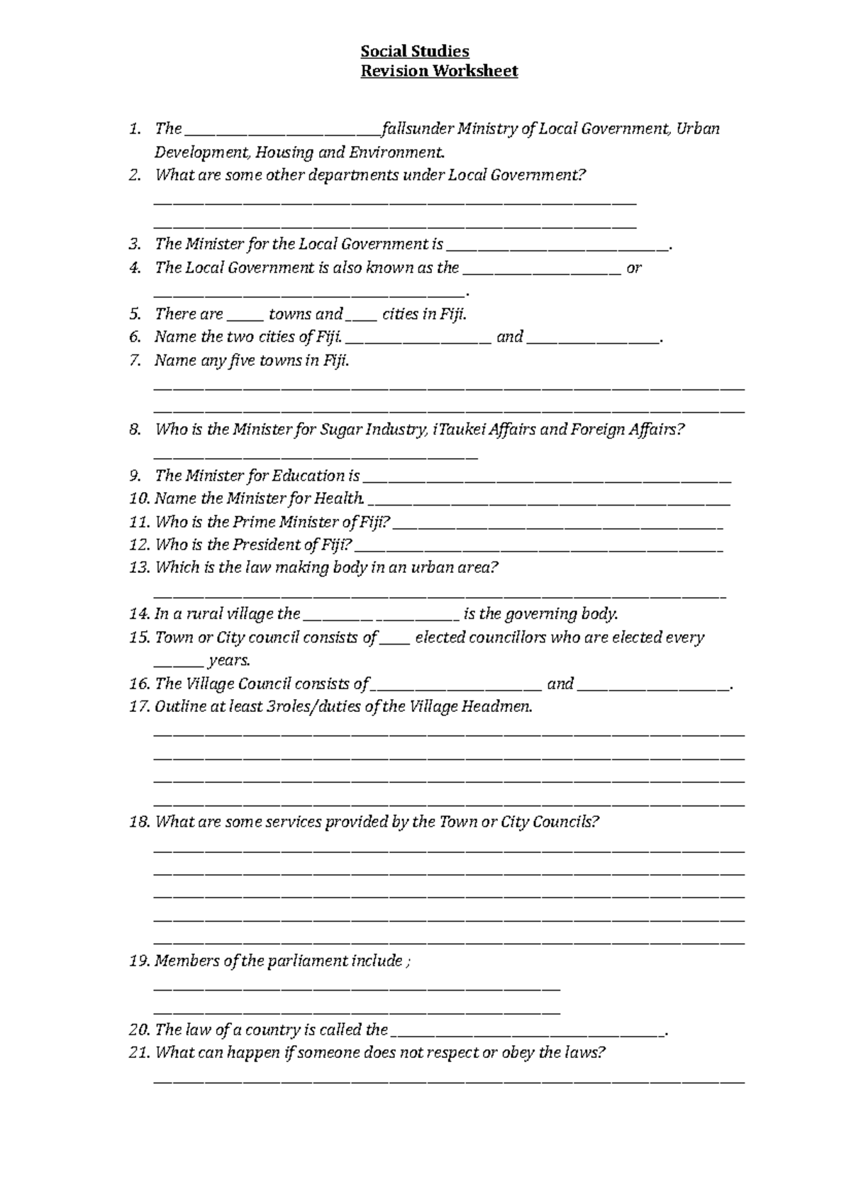Social Studies - Tutorial work - Social Studies Revision Worksheet The ...