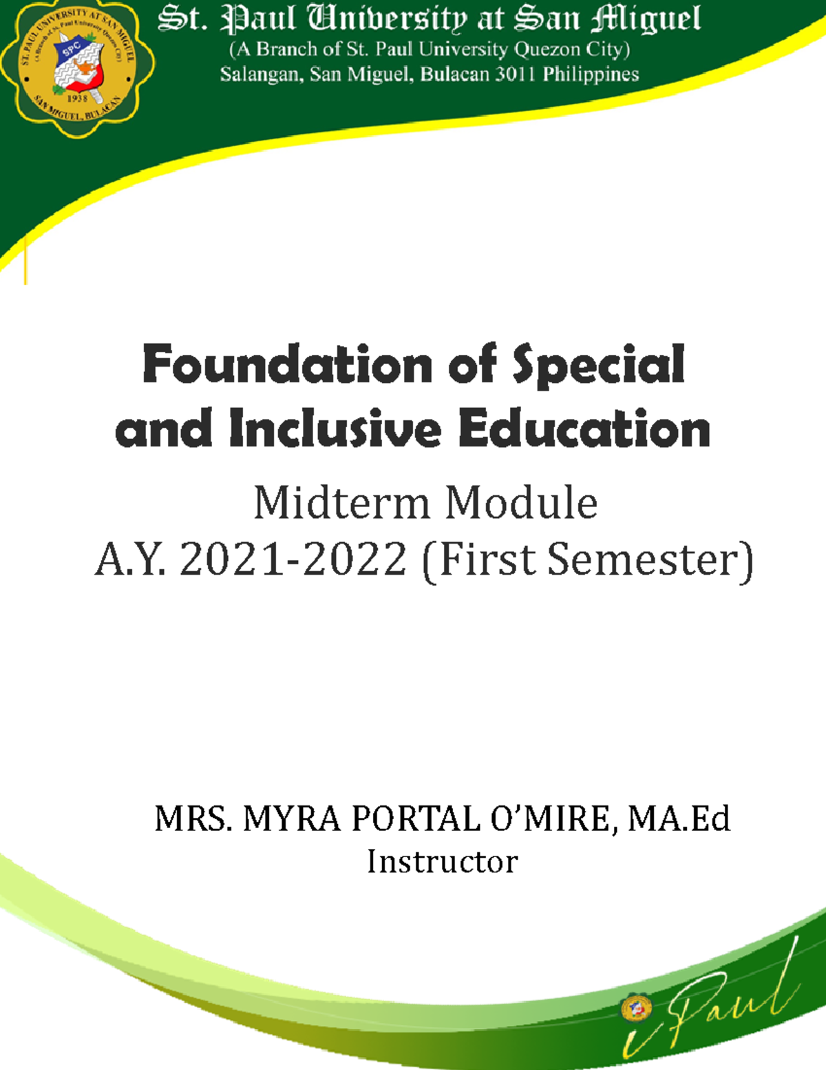 Foundation of Special ed. Module A - Midterm Module A. 2021-2022 (First ...