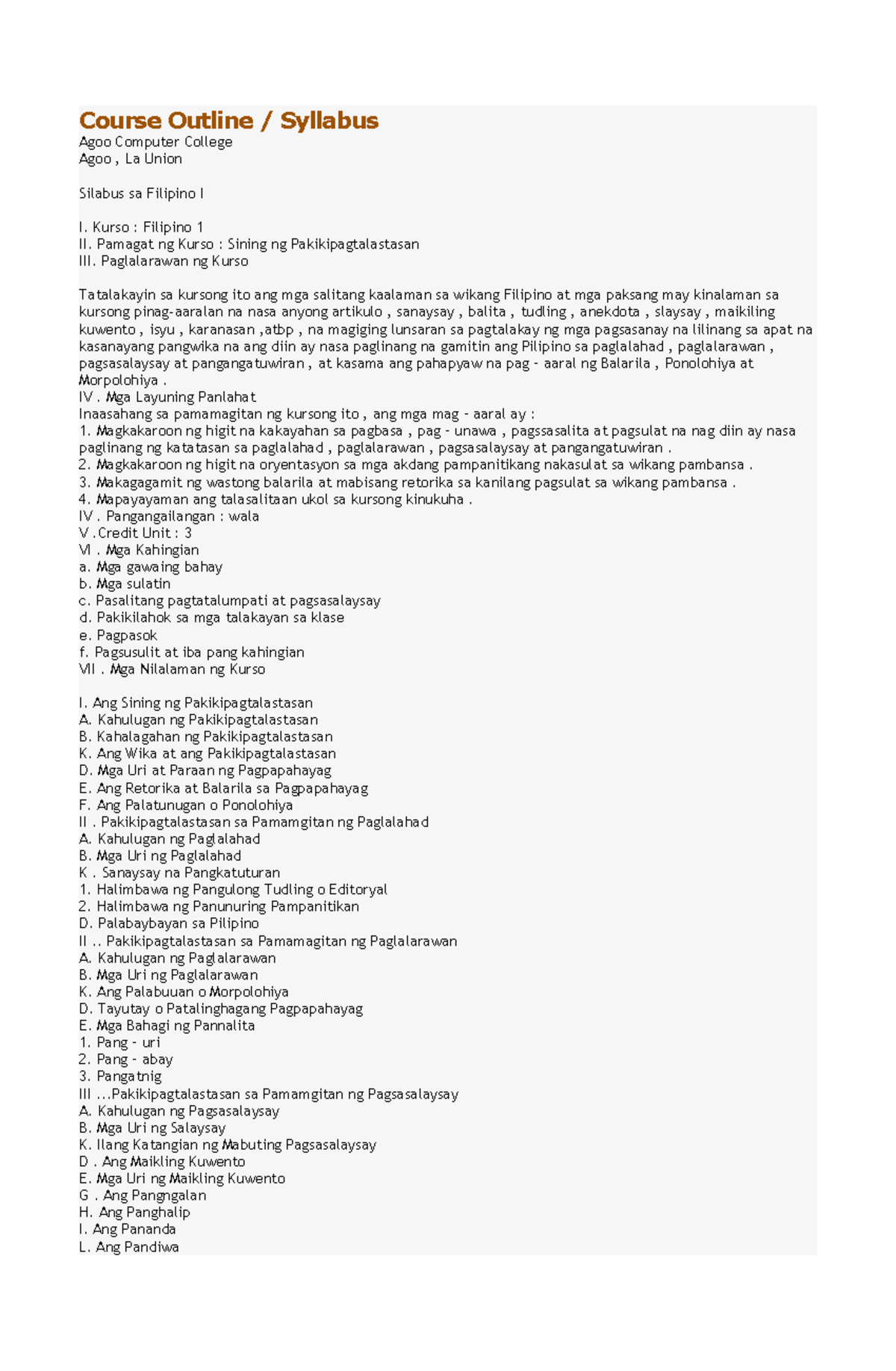 Cost Filipino Accounting 204 - Course Outline / Syllabus Agoo Computer ...