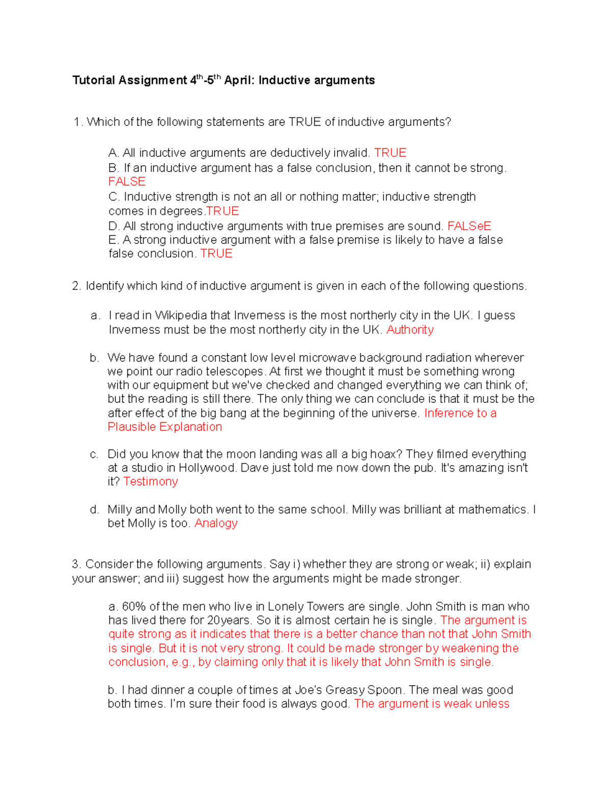 Tutorial Activity Week 2 answers - Tutorial Assignment 4th-5th April: Inductive arguments 1 ...
