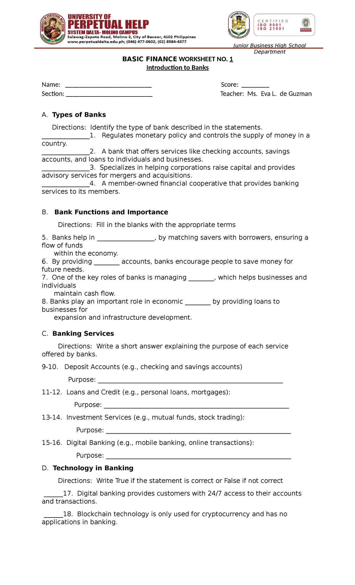 Finance -Worksheet 1 - BASIC FINANCE WORKSHEET NO. 1 Introduction to ...