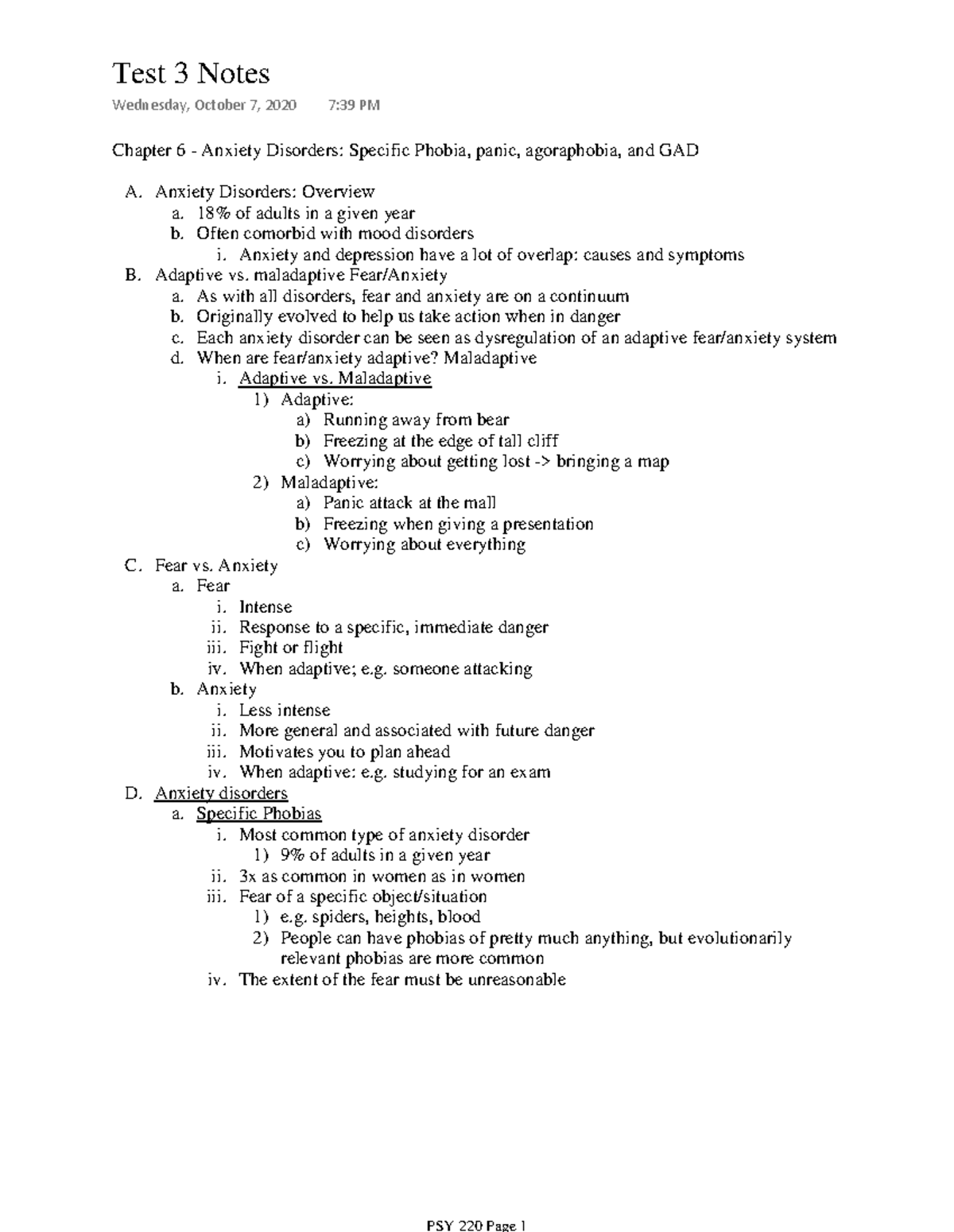 Test 3 Notes for PSY 230 - Chapter 6 - Anxiety Disorders: Specific ...