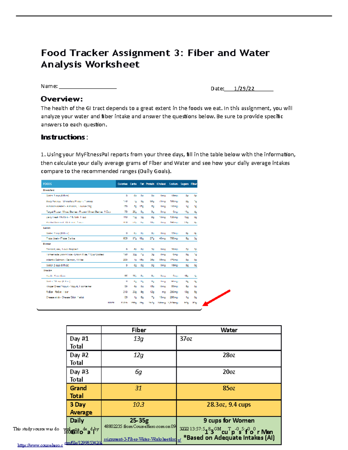 Assignment 3 Fiber Water Worksheet - Food Tracker Assignment 3: Fiber ...