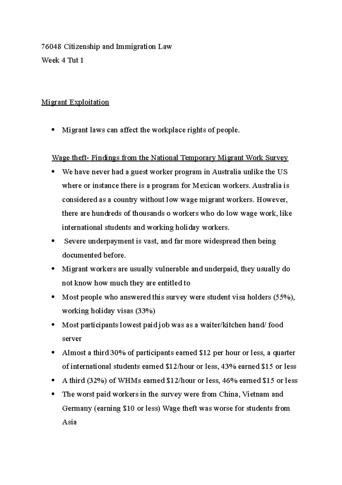 Migration law week 4 - Detailed tutorial work- case summary - 76048 ...
