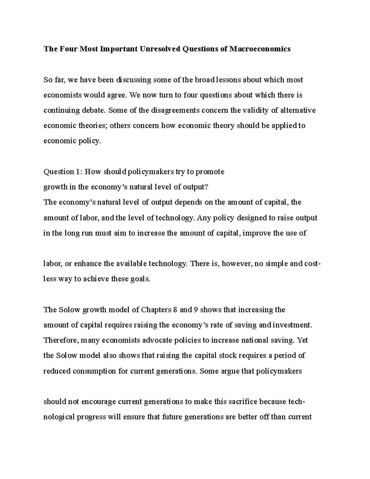 The Four Most Important Unresolved Questions of Macroeconomics - We now ...