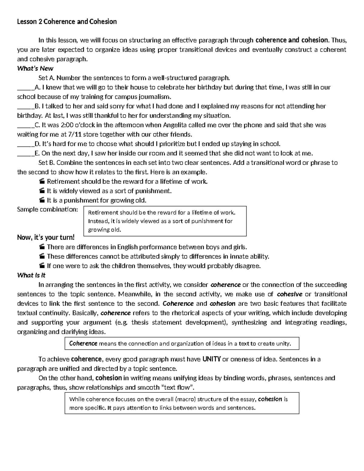 Lesson 2 Coherence and Cohesion - Lesson 2 Coherence and Cohesion In this lesson, we will focus ...