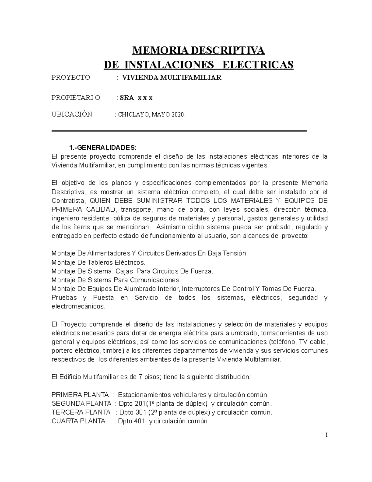 Memoria Descriptiva - fd v - MEMORIA DESCRIPTIVA DE INSTALACIONES ELECTRICAS PROYECTO : VIVIENDA ...