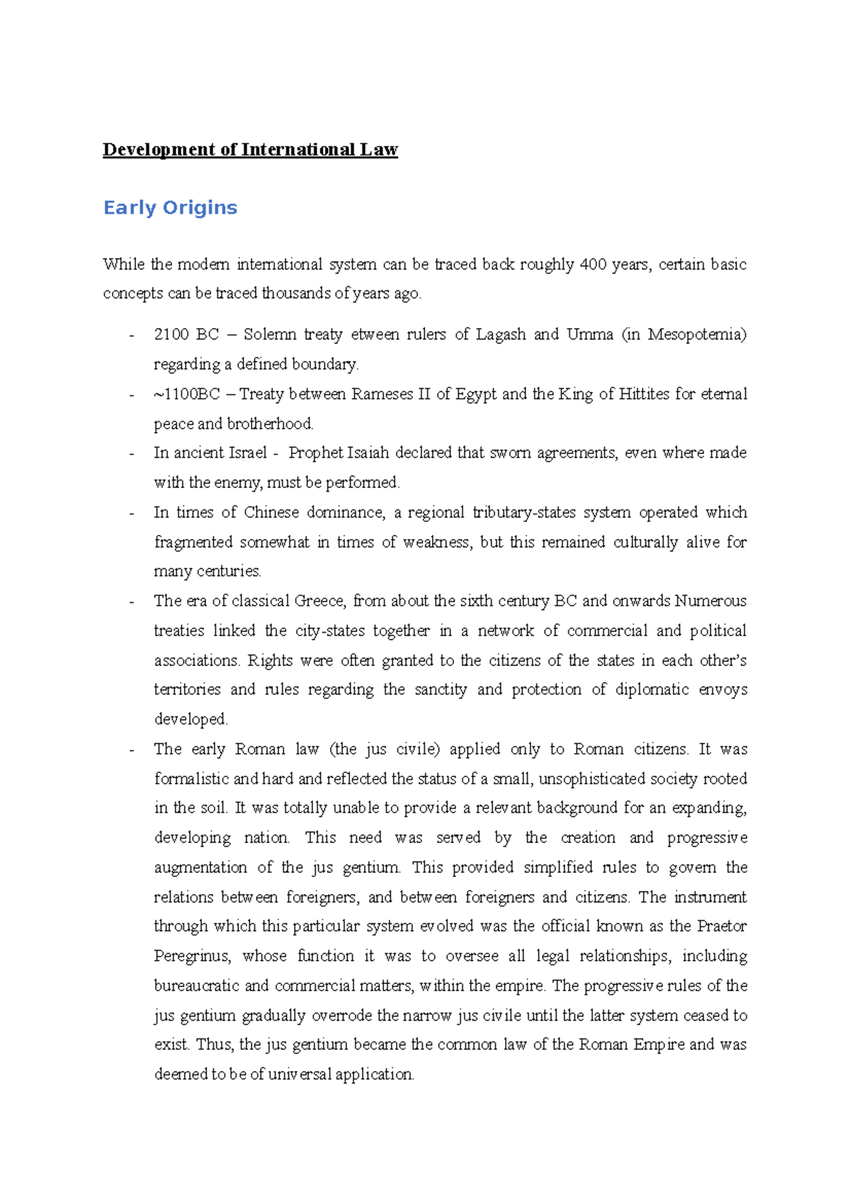 Development of International Law - 2100 BC – Solemn treaty etween ...