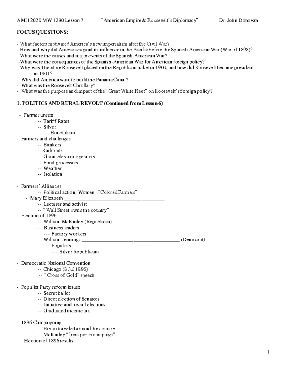 Lesson 7 outline - Notes - 1 AMH 2020 MW 1230 Lesson 7 “American Empire ...