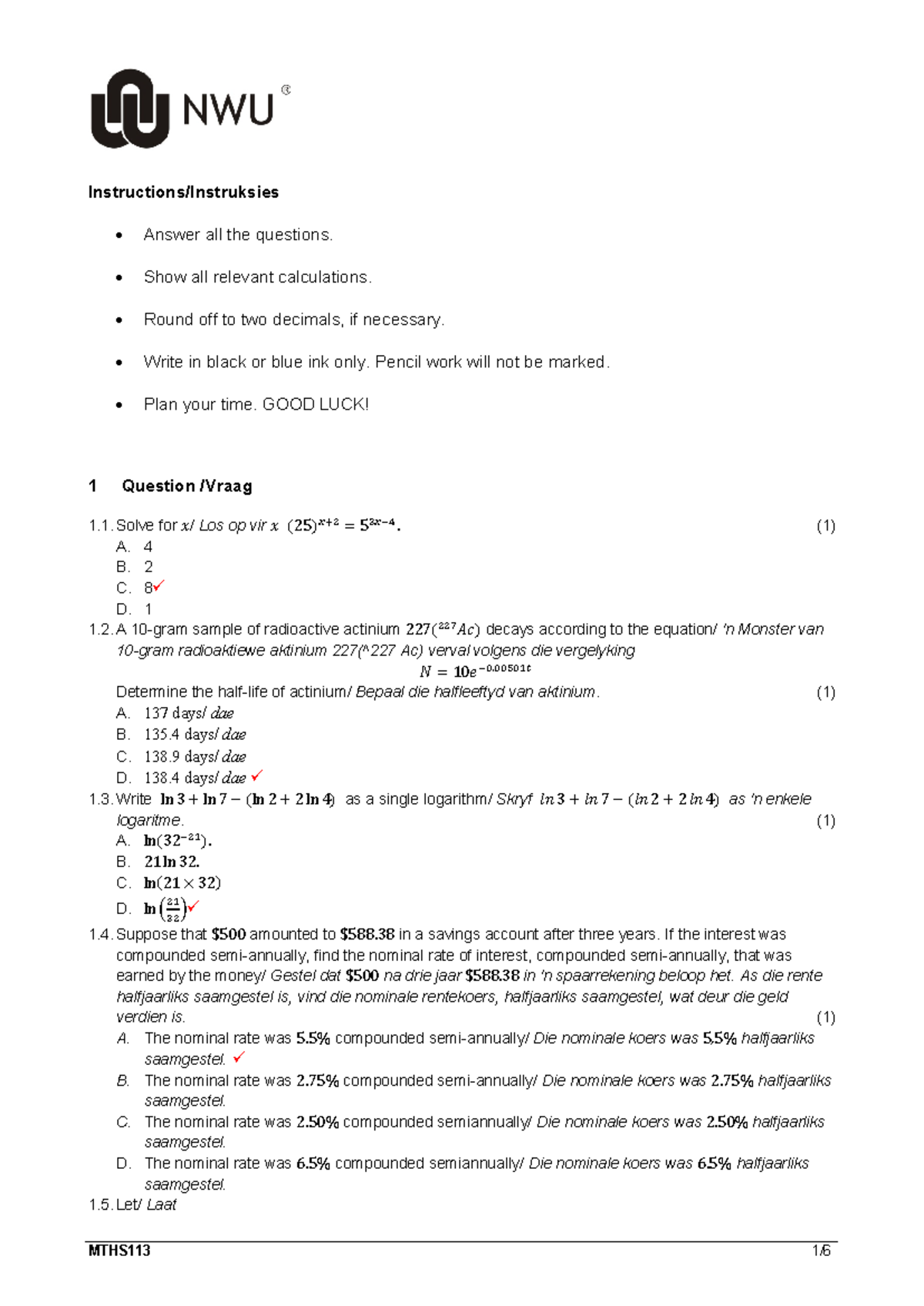 MTHS113 Sem test memo - Instructions/Instruksies Answer all the ...