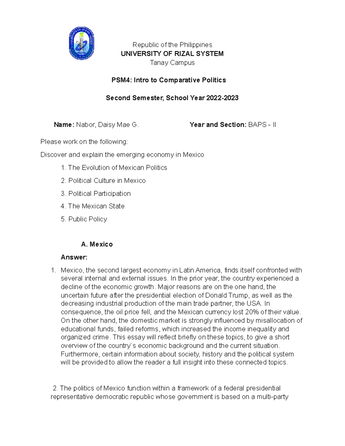 Mexico - LITERATURE MODULE - Republic of the Philippines UNIVERSITY OF ...