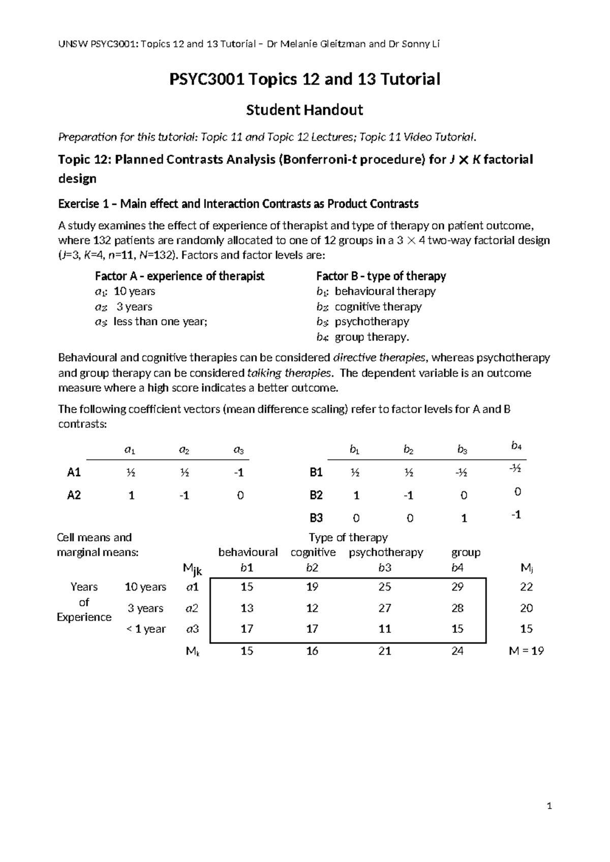 PSYC3001 Topics 12 and 13 Tutorial Handout 2024 - PSYC3001 Topics 12 ...