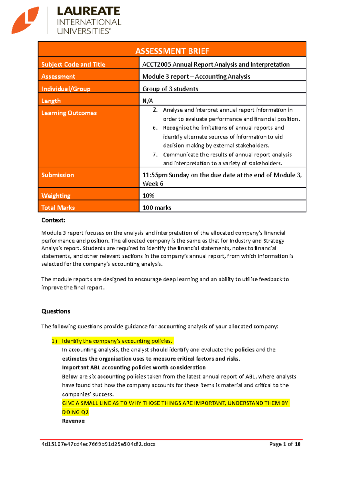 ACCT2005 ARA&I Assessment Brief Accounting Analysis Module 3 ...