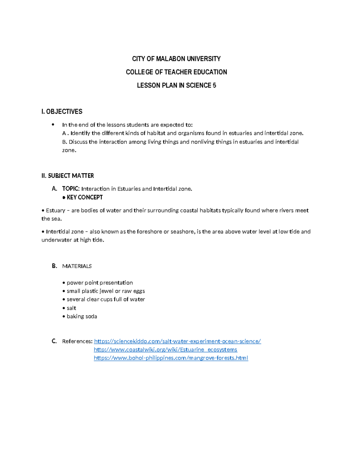 Detailed lesson plan - CITY OF MALABON UNIVERSITY COLLEGE OF TEACHER ...