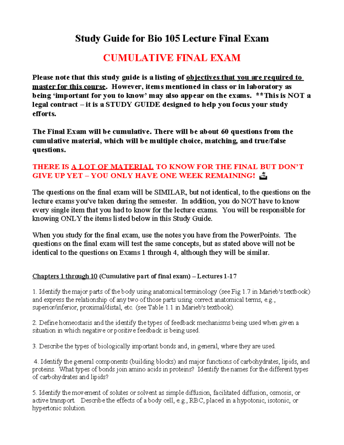 BIO+105+Study+Guide+SU+22 - Study Guide for Bio 105 Lecture Final Exam CUMULATIVE FINAL EXAM ...