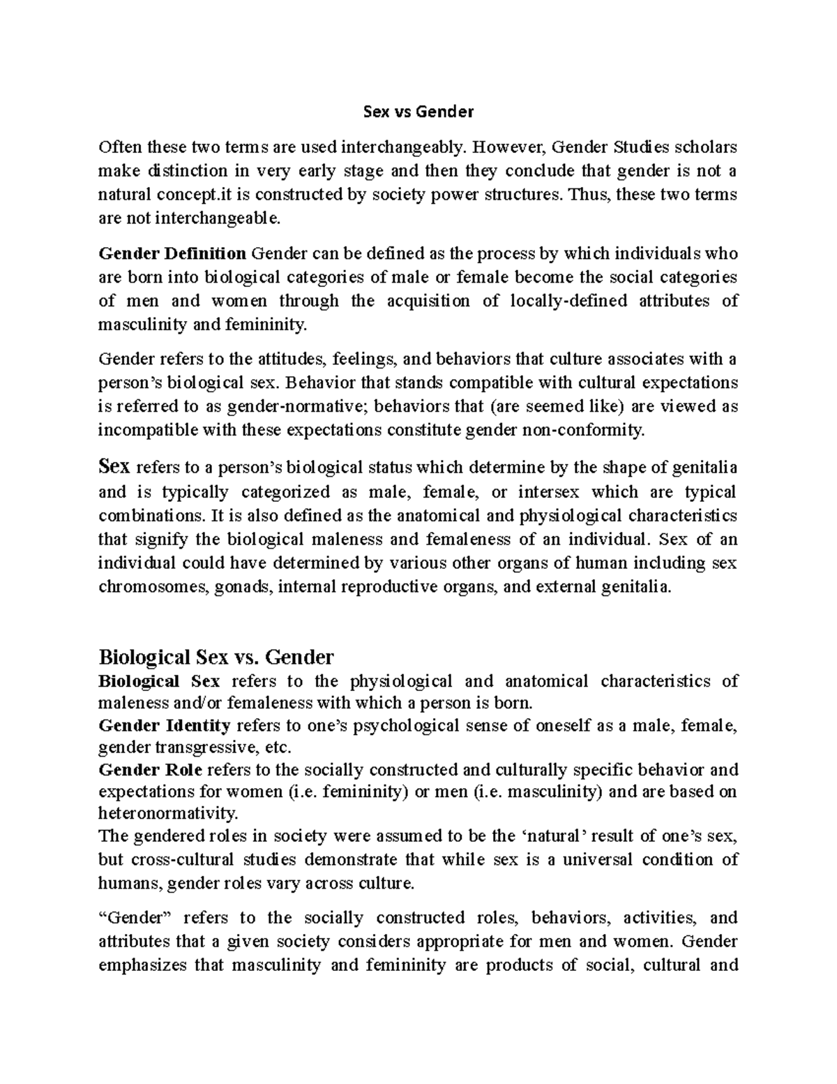 Final Sex vs Gender Debate - Sex vs Gender Often these two terms are ...