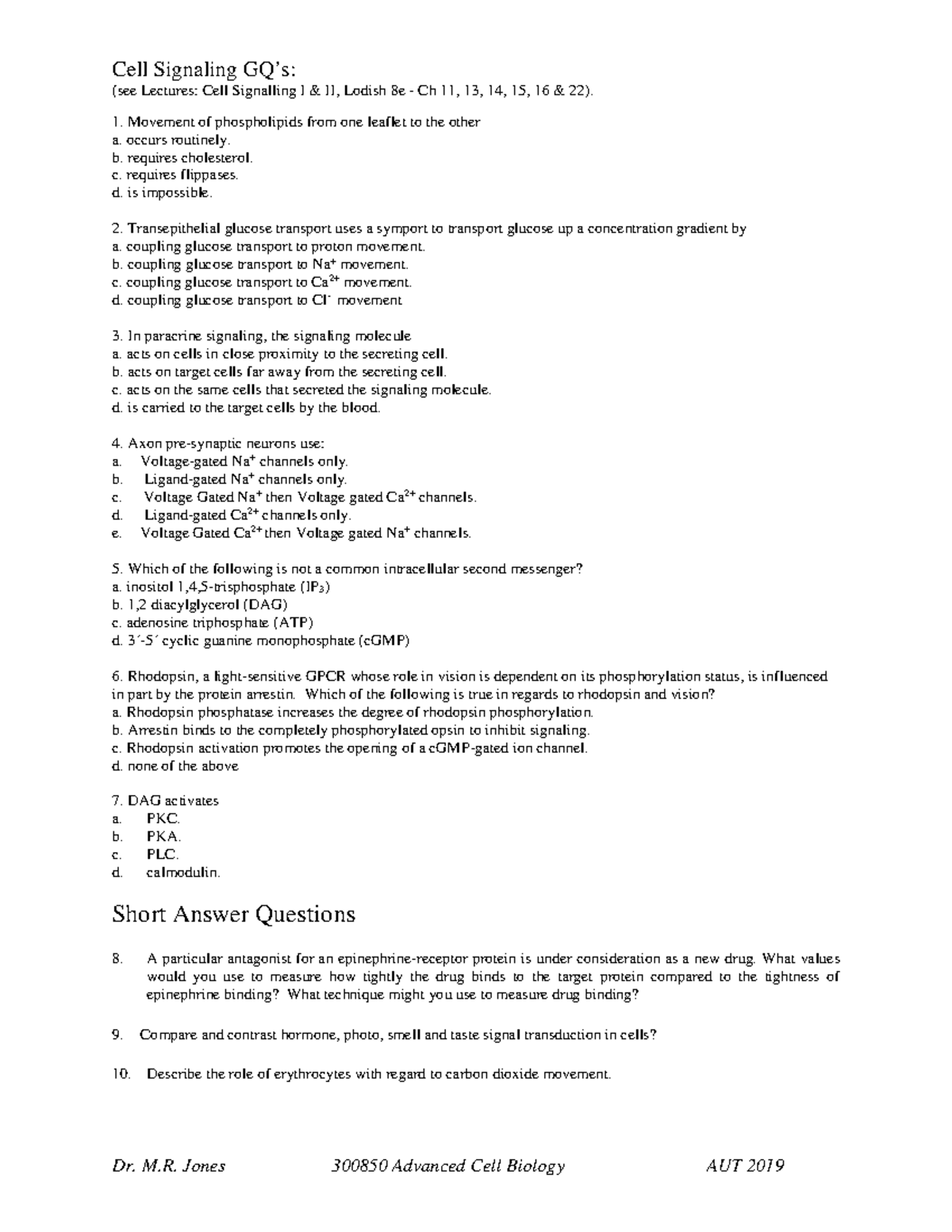 Cell Signalling GQ'sADVANCE CELL BIOLOGY MCQ AND SHORT ANSWER QUESTIONS ...