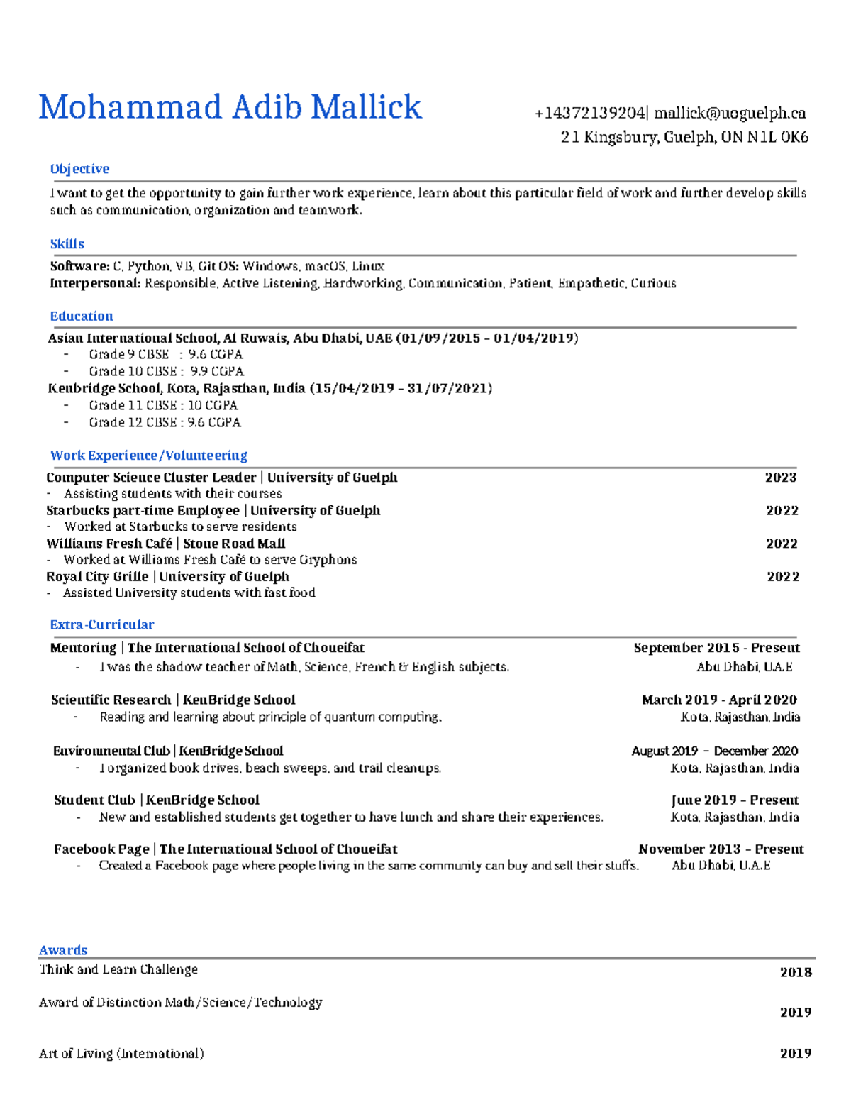 Adib Resume - It’s important - Mohammad Adib Mallick +14372139204| mallick@uoguelph 21 Kingsbury ...