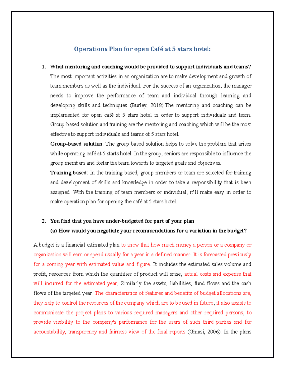 Operational plan - Operations Plan for open Café at 5 stars hotel: main ...