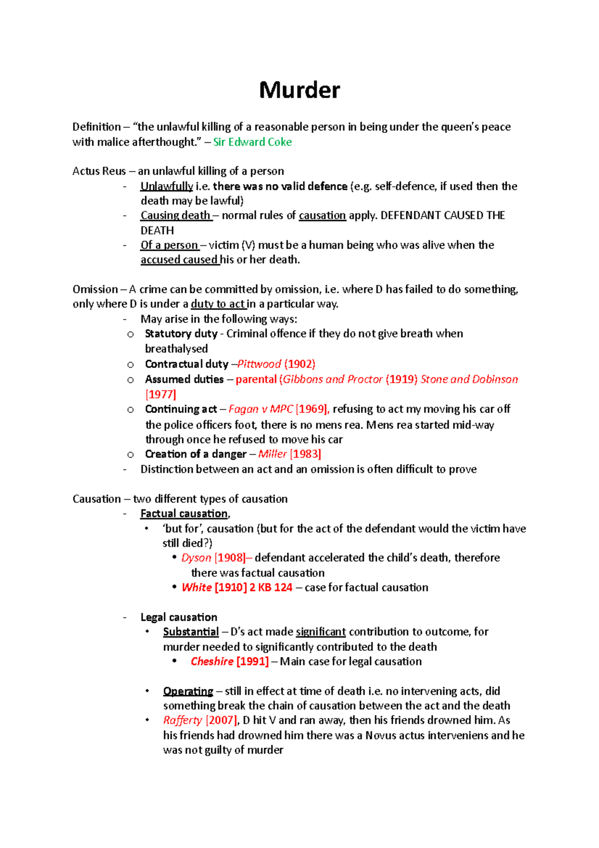 Murder - Criminal Law exam notes - Murder Deiniion – “the unlawful ...