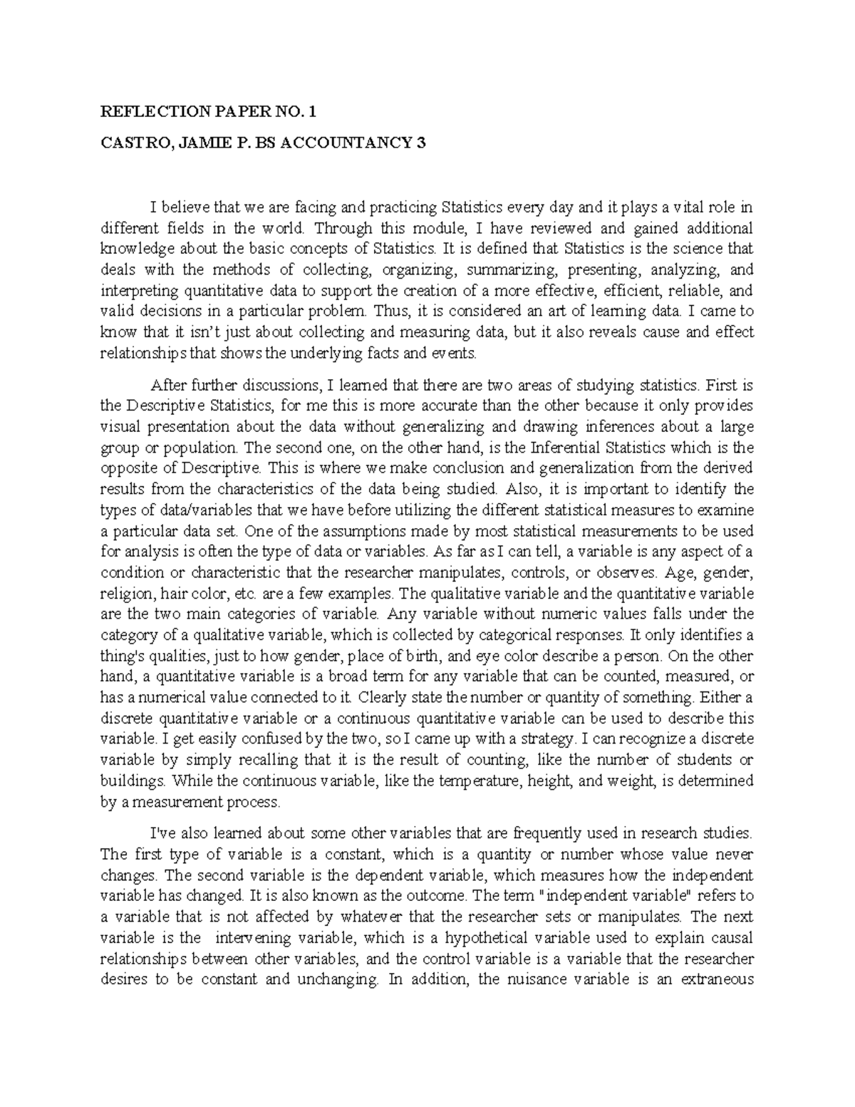 Reflection Paper 1 - Summary BS Accountancy 3 - REFLECTION PAPER NO. 1 ...