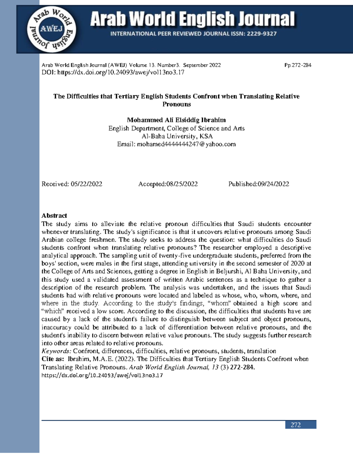 American Culture - 272 Arab World English Journal (AWEJ) Volume 13 ...