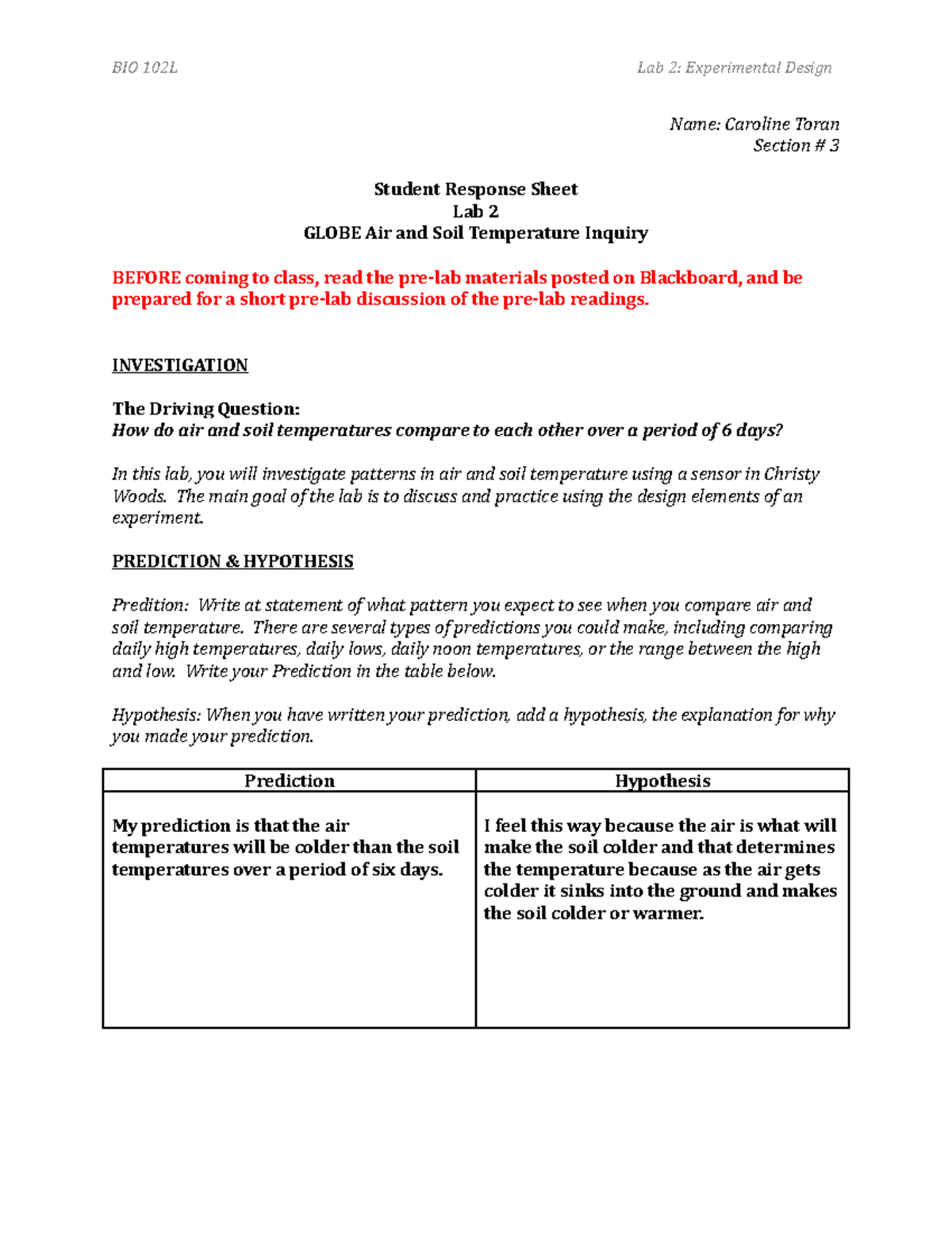 BIO 102-lab2studentresponsesheet - Name: Caroline Toran Section # 3 ...