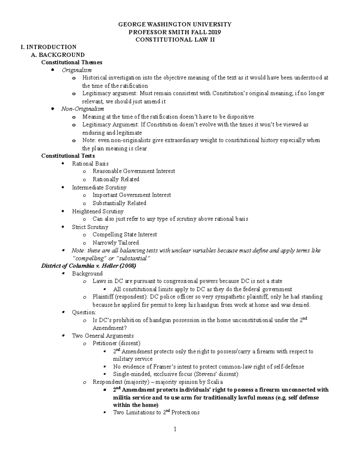 Constitutional Law II Outline - GEORGE WASHINGTON UNIVERSITY PROFESSOR ...