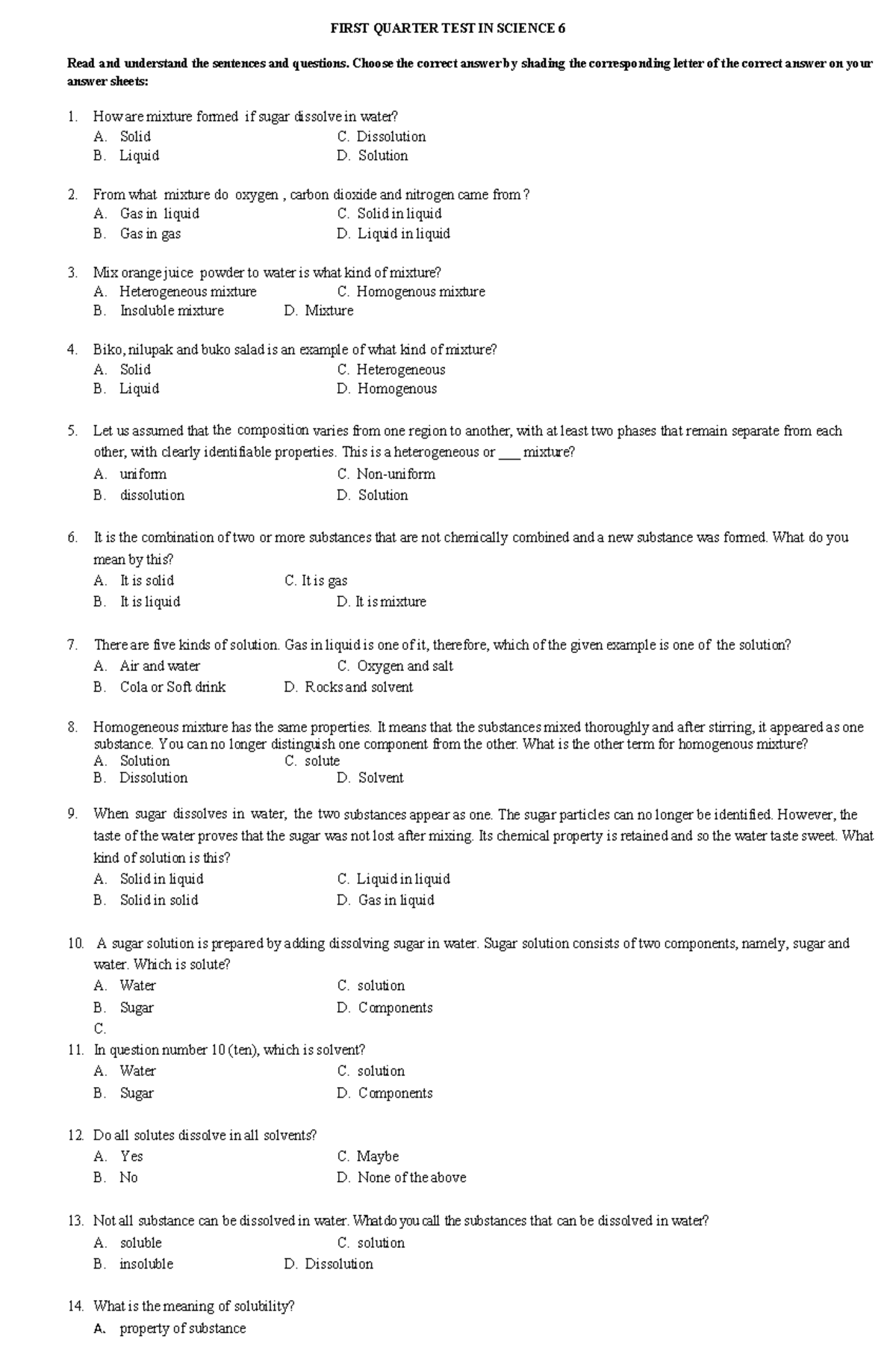 PT Science 6 Q1 - no more infos - FIRST QUARTER TEST IN SCIENCE 6 Read ...