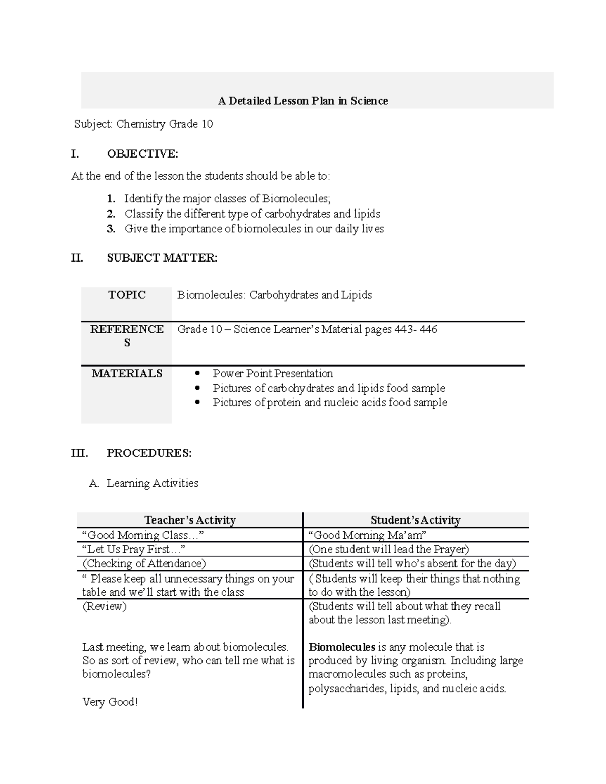 SCIENCE - BIOMOLECULE - A Detailed Lesson Plan in Science Subject ...