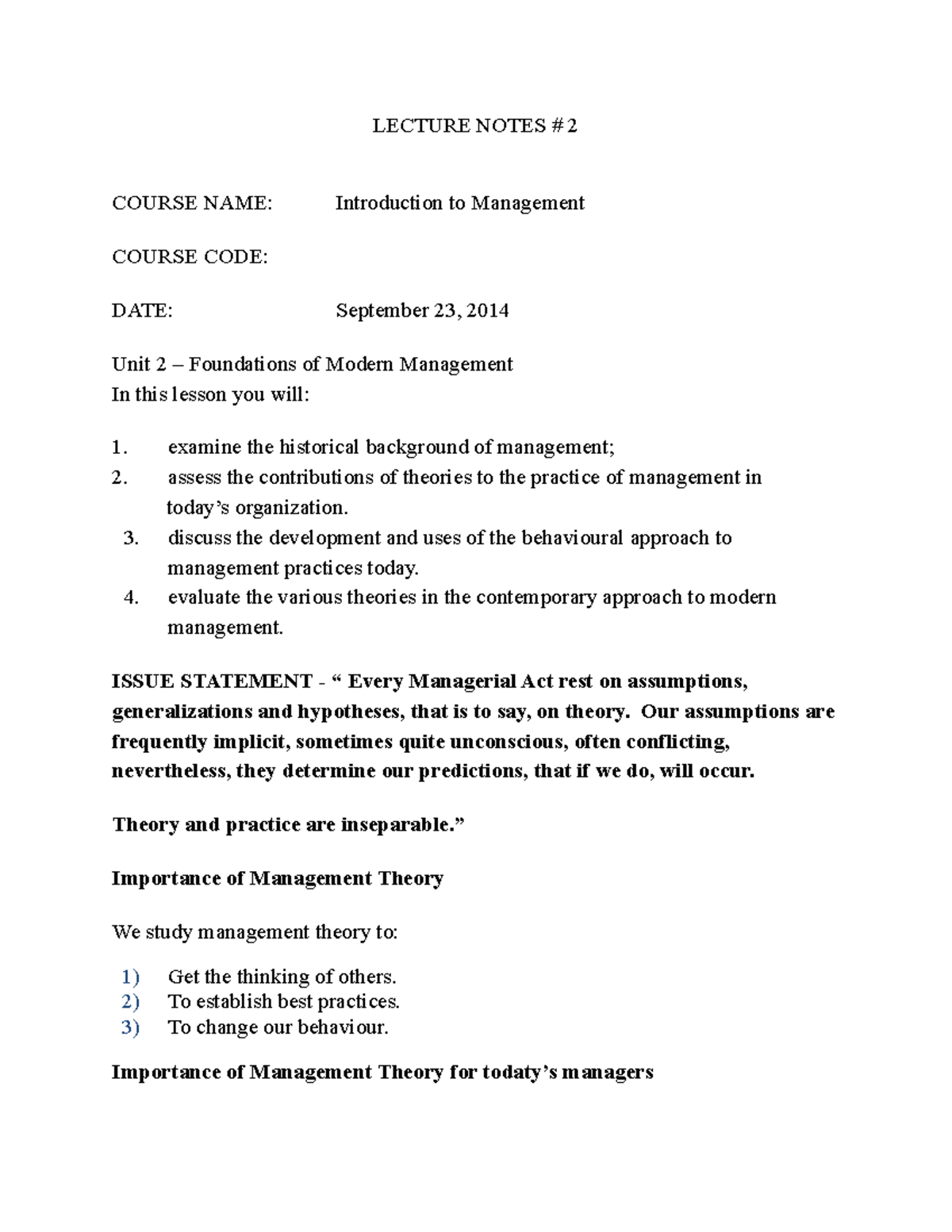 Unit2-Foundationsof Modern Mgt - LECTURE NOTES # 2 COURSE NAME ...