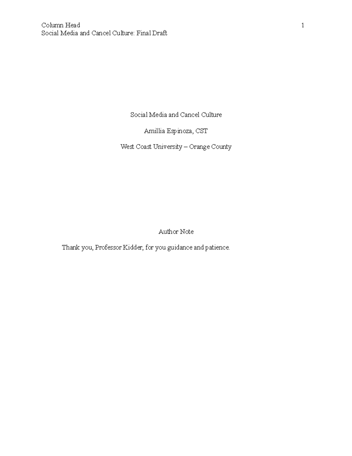 COMM final draft - west coast university - Social Media and Cancel ...