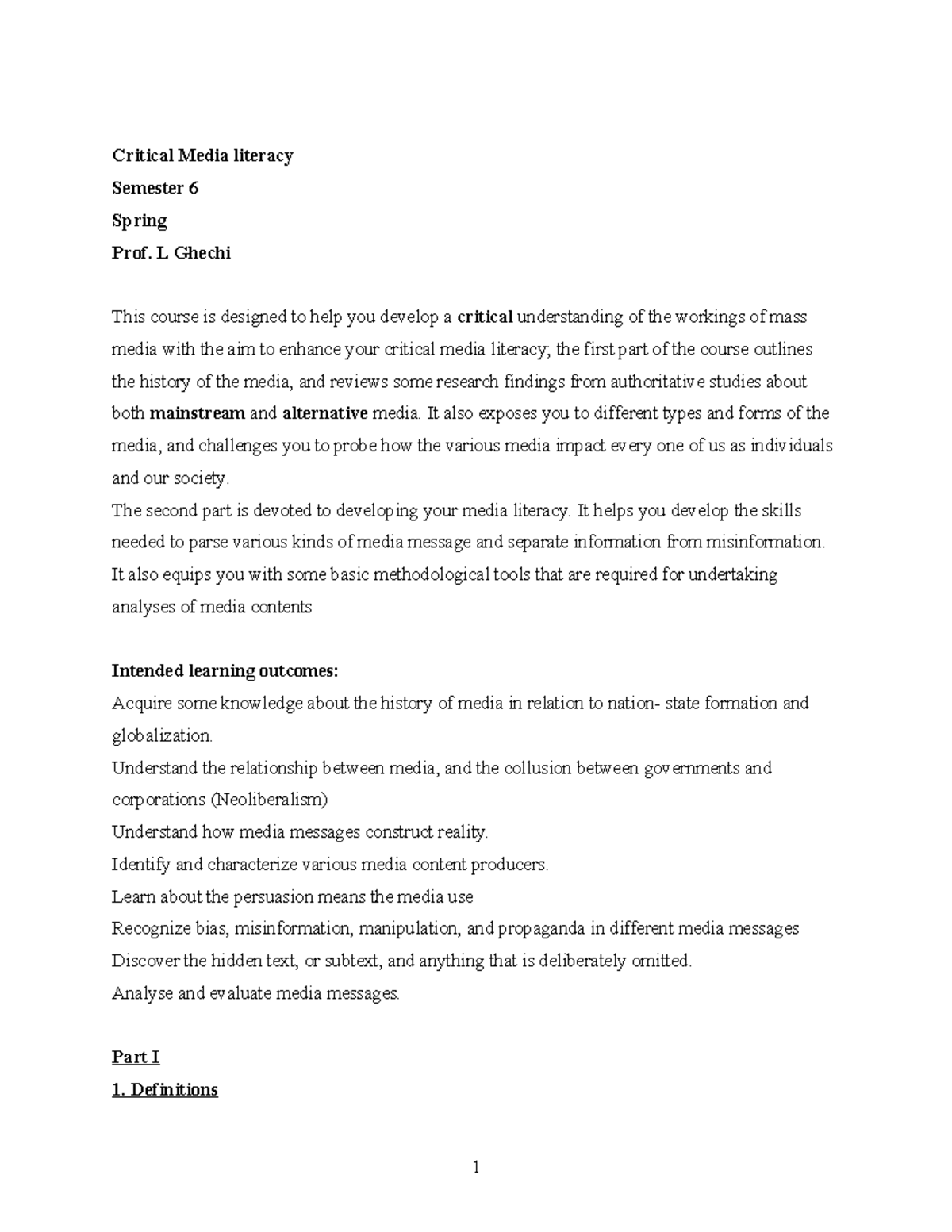 Intro to Media Studies Course Guide - Critical Media literacy Semester ...