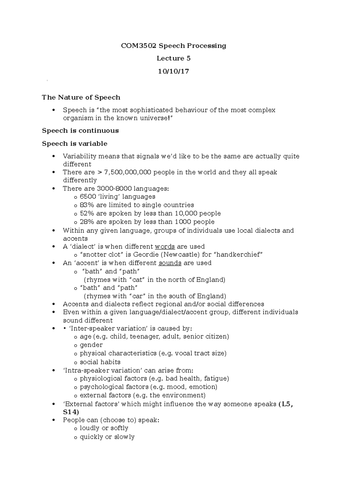 Lecture 5 - Speech Processing - COM3502 Speech Processing Lecture 5 10/10/ The Nature of Speech ...