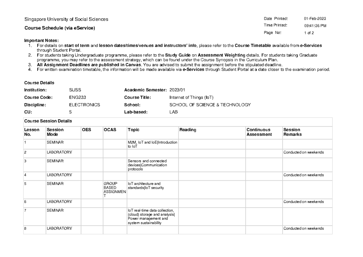 IOT TT - SCHEDULE - Course Session Details Lesson No. Session Mode OES ...