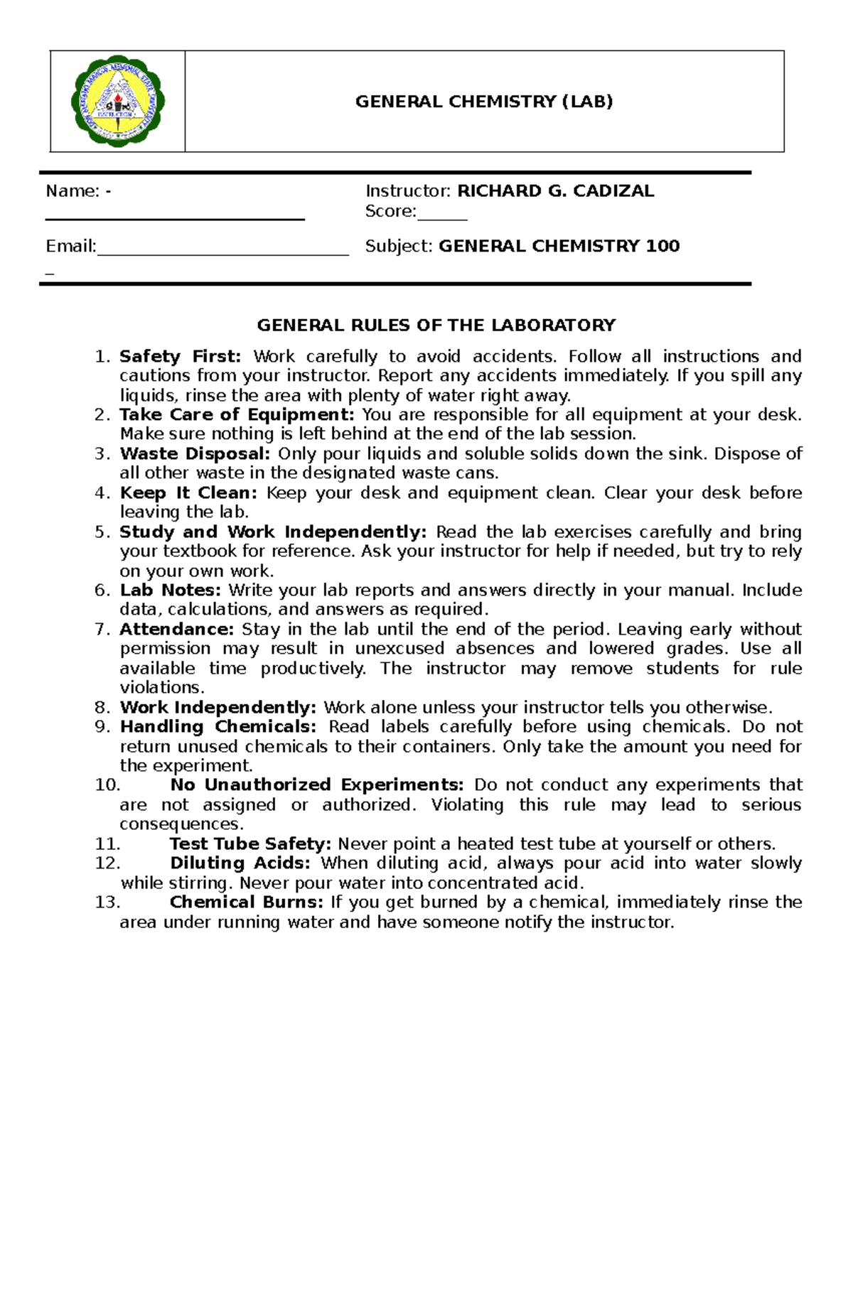 Laboratory Rules and Regulations - GENERAL CHEMISTRY (LAB) Name ...