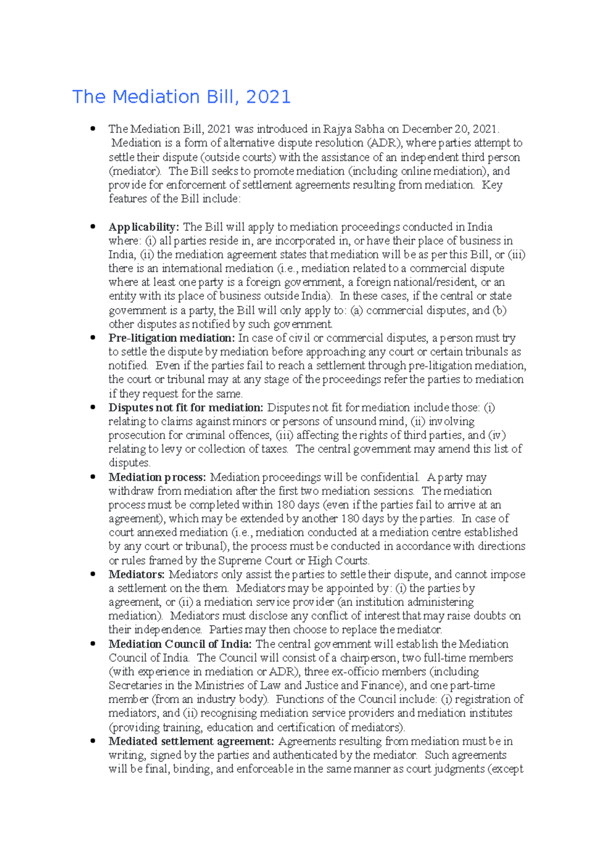 The Mediation Bill - Mediation is a form of alternative dispute ...