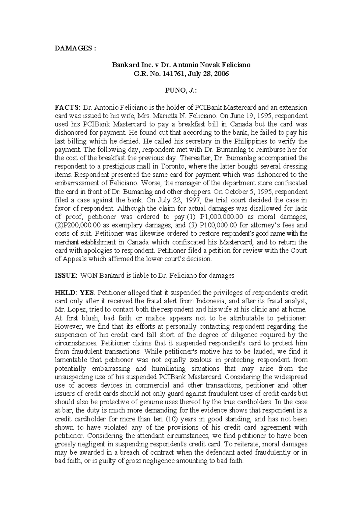 Pdfcoffee - digest - DAMAGES : Bankard Inc. v Dr. Antonio Novak Feliciano G. No. 141761, July 28 ...