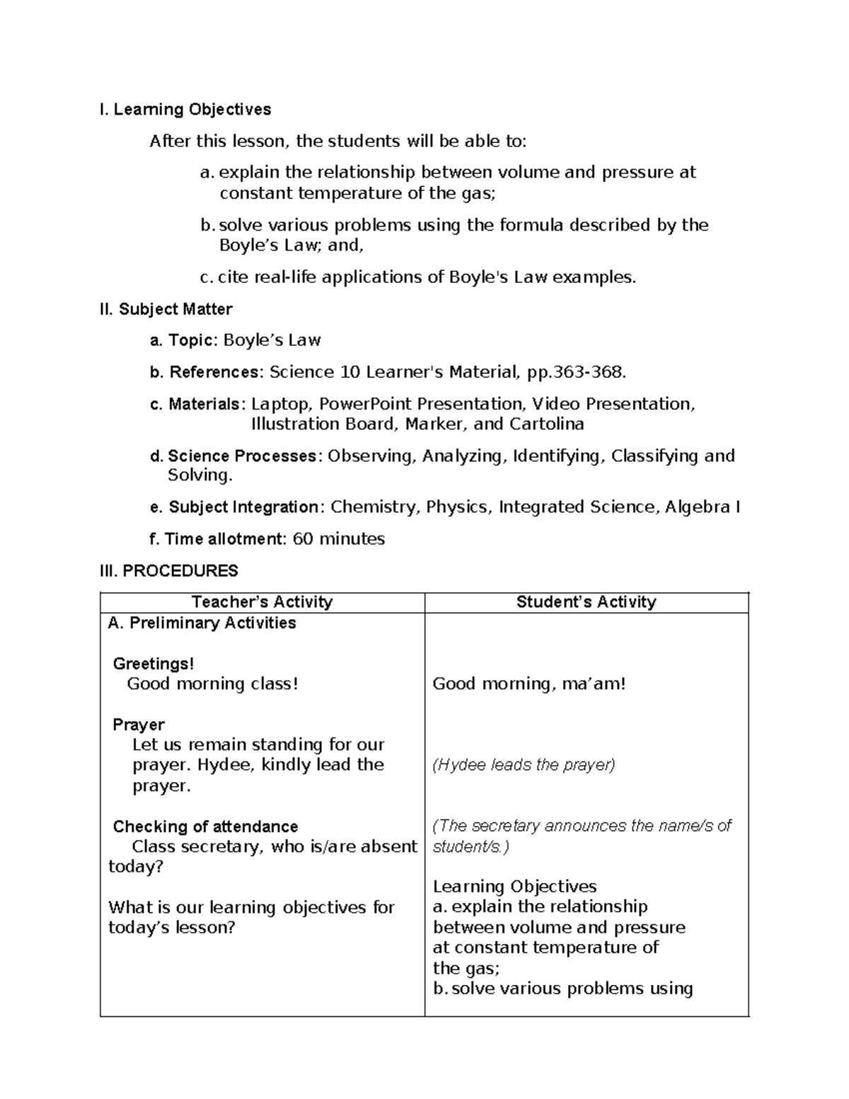 Boyles'Law Lesson - I. Learning Objectives After this lesson, the ...