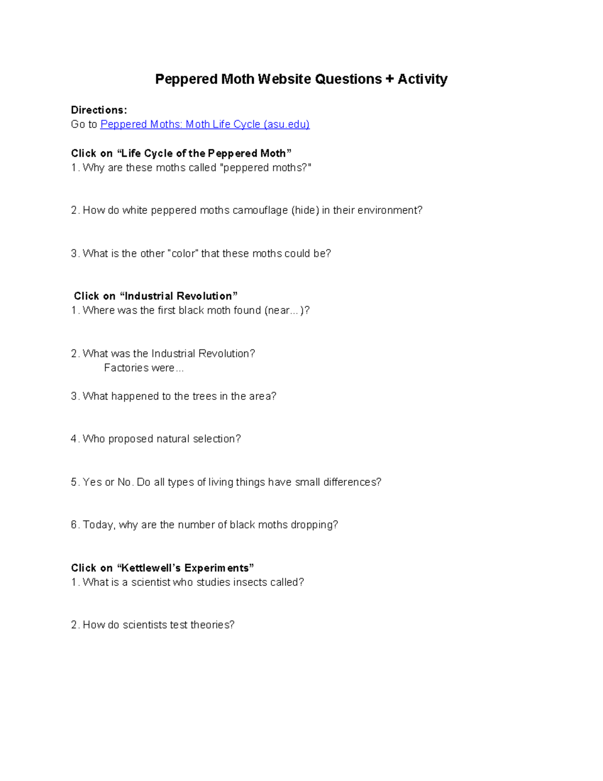 Peppered Moth Student assignment and game - Peppered Moth Website ...