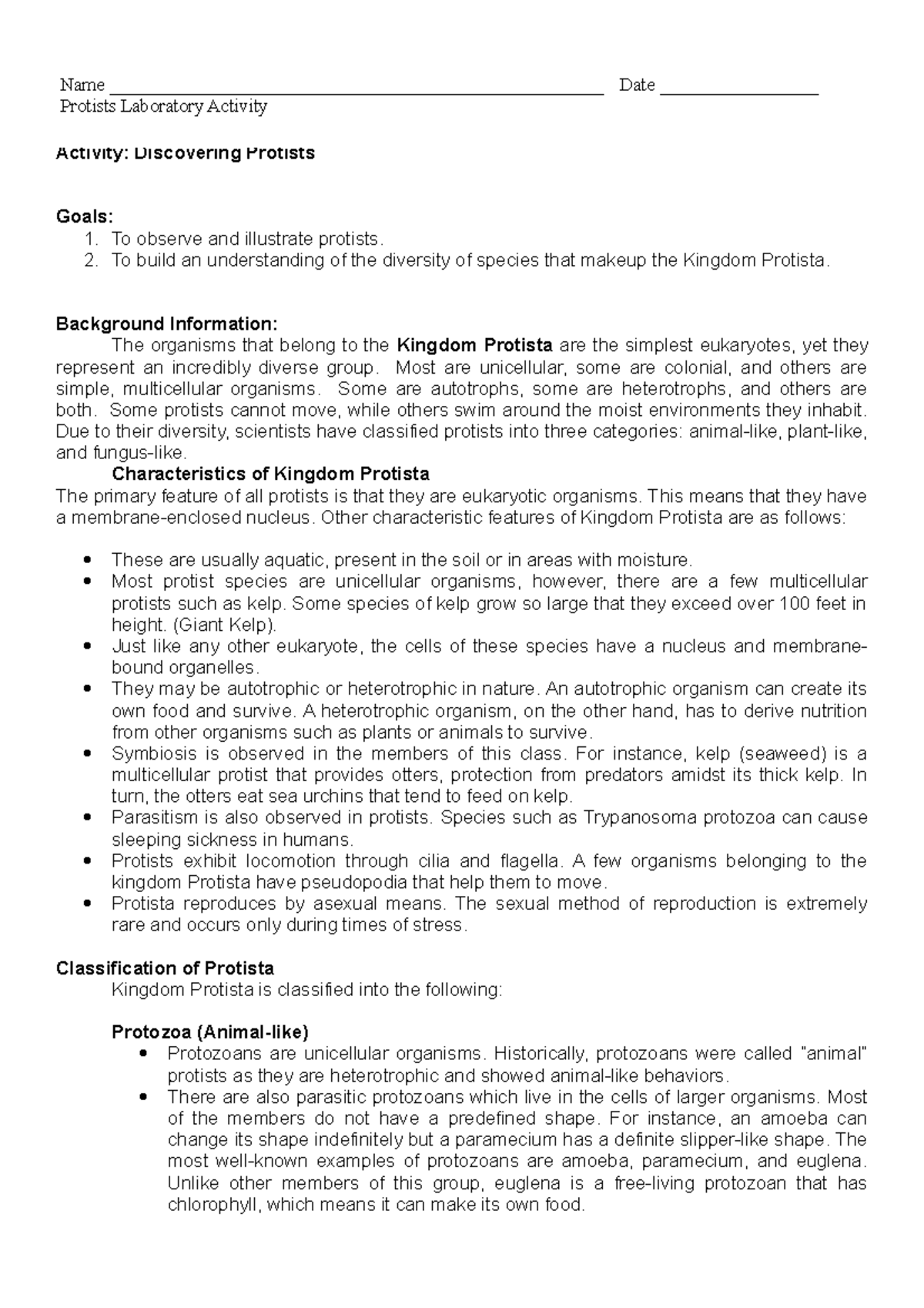 Protozoan lab - lab manual - Activity: Discovering Protists Goals: 1 ...