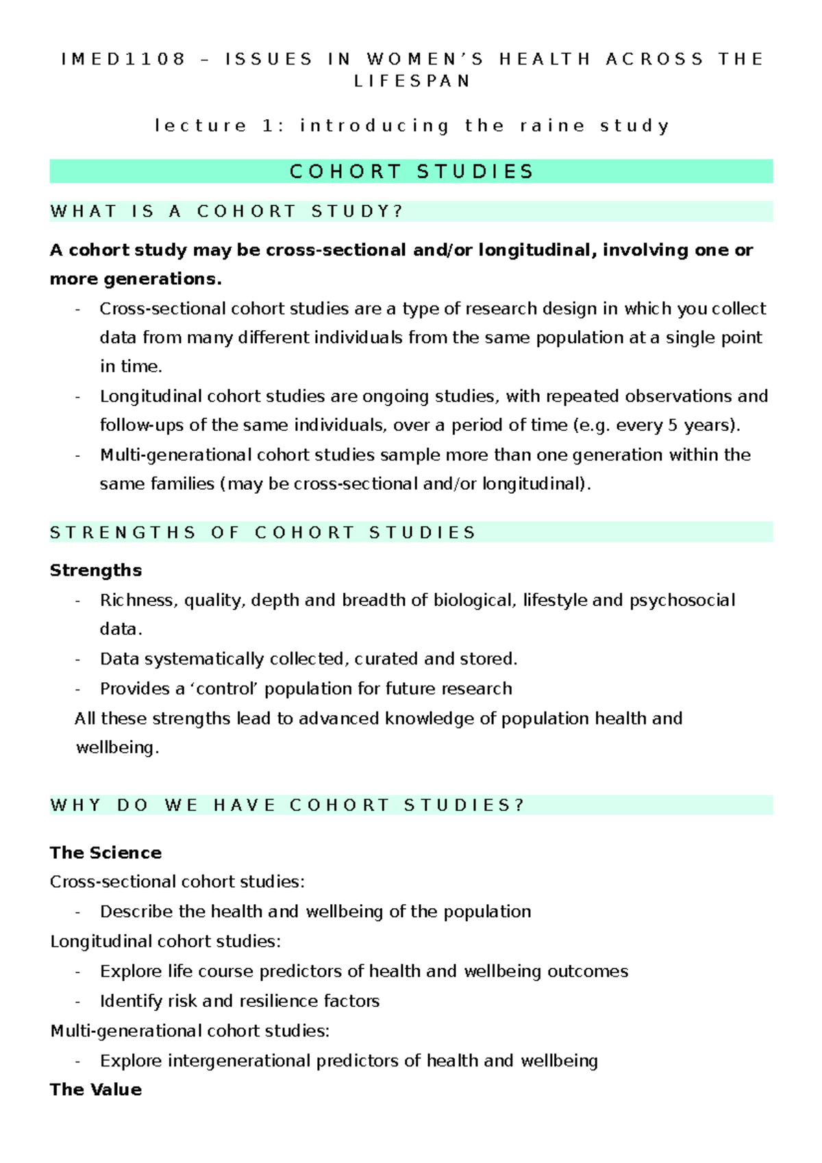 IMED1108 Notes - I M E D 1 1 0 8 – I S S U E S I N W O M E N ’ S H E A ...