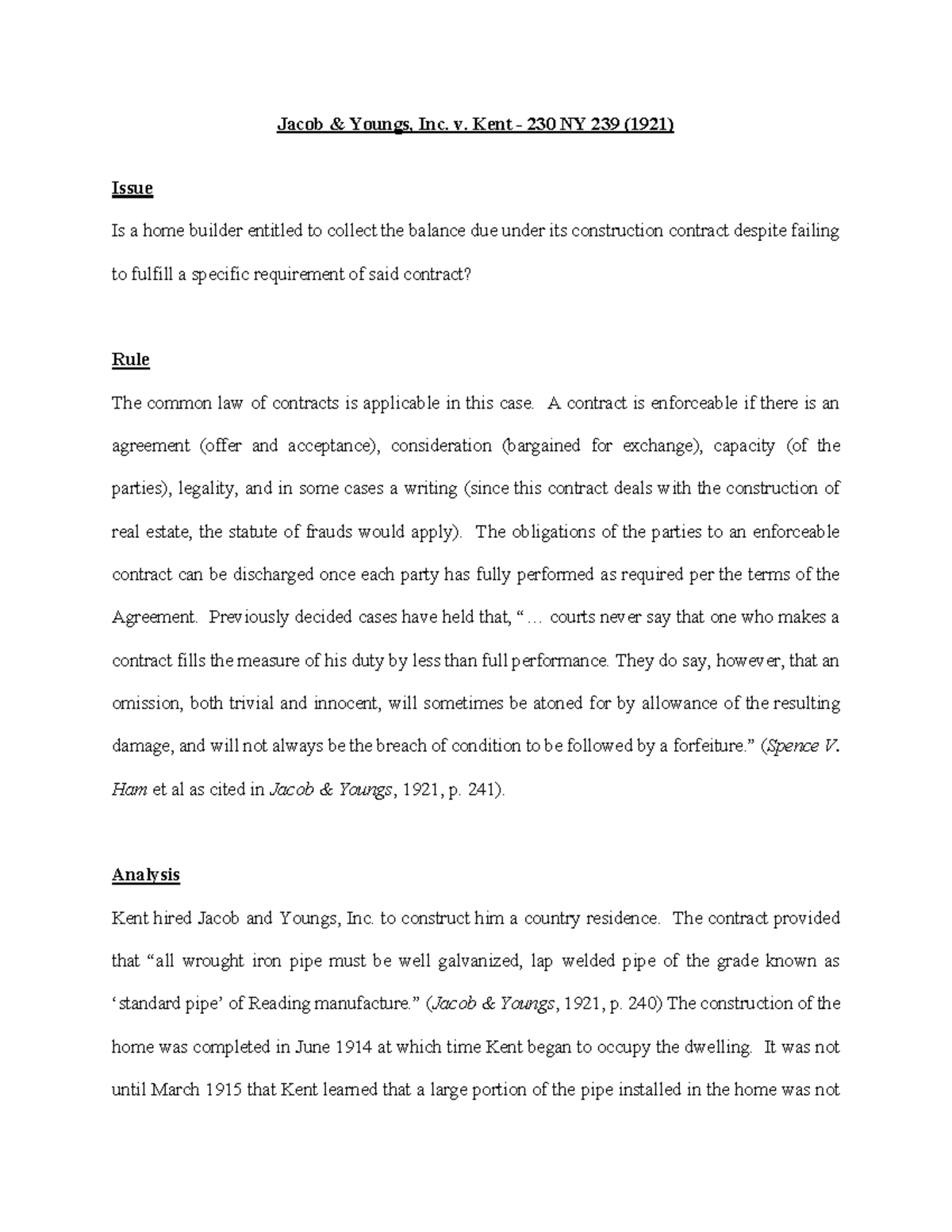 Jacob+%26+Youngs%2C+Inc - Jacob & Youngs, Inc. v. Kent - 230 NY 239 ...