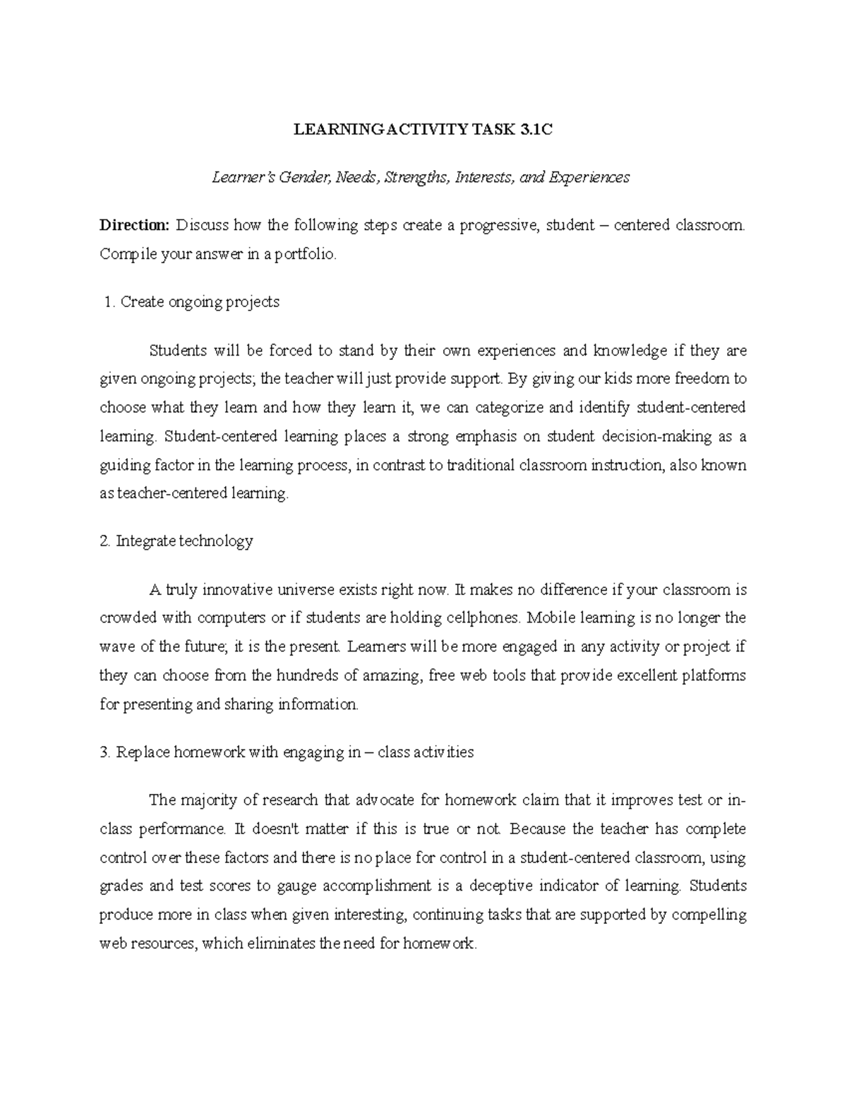 Learning Activity TASK 3 - LEARNING ACTIVITY TASK 3 Learner’s Gender ...