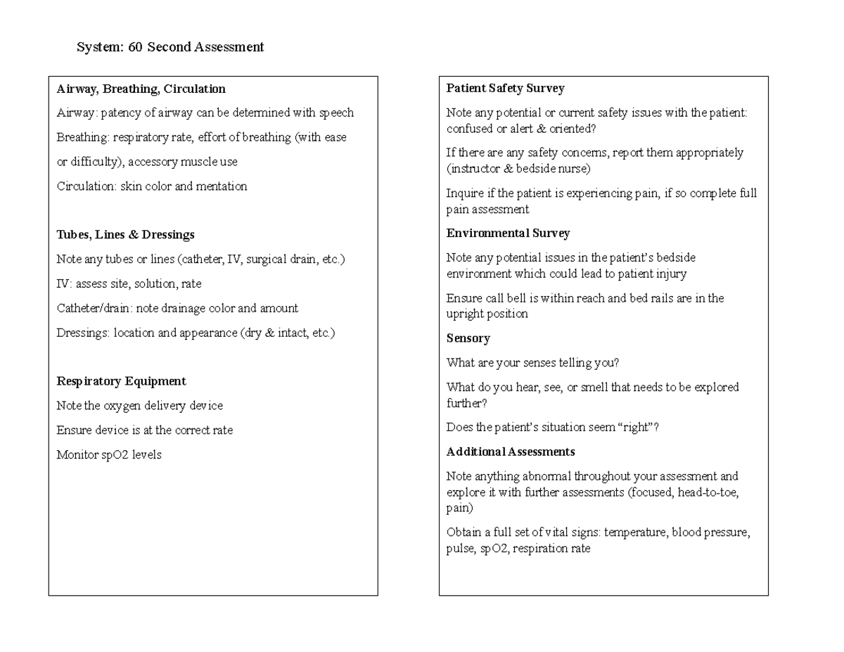 CNUR 107 - 60 Sec Assessment Map - System: 60 Second Assessment Patient ...
